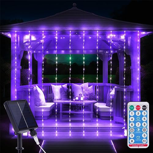 Tngan 300LED Solar Curtain Lights Outdoor Indoor, Solar Halloween Lights IP65 Waterproof for Patio Decor, Dangling Window Lights, 8 Modes Twinkle Lights for Christmas Home Garden Wall Party - Purple
