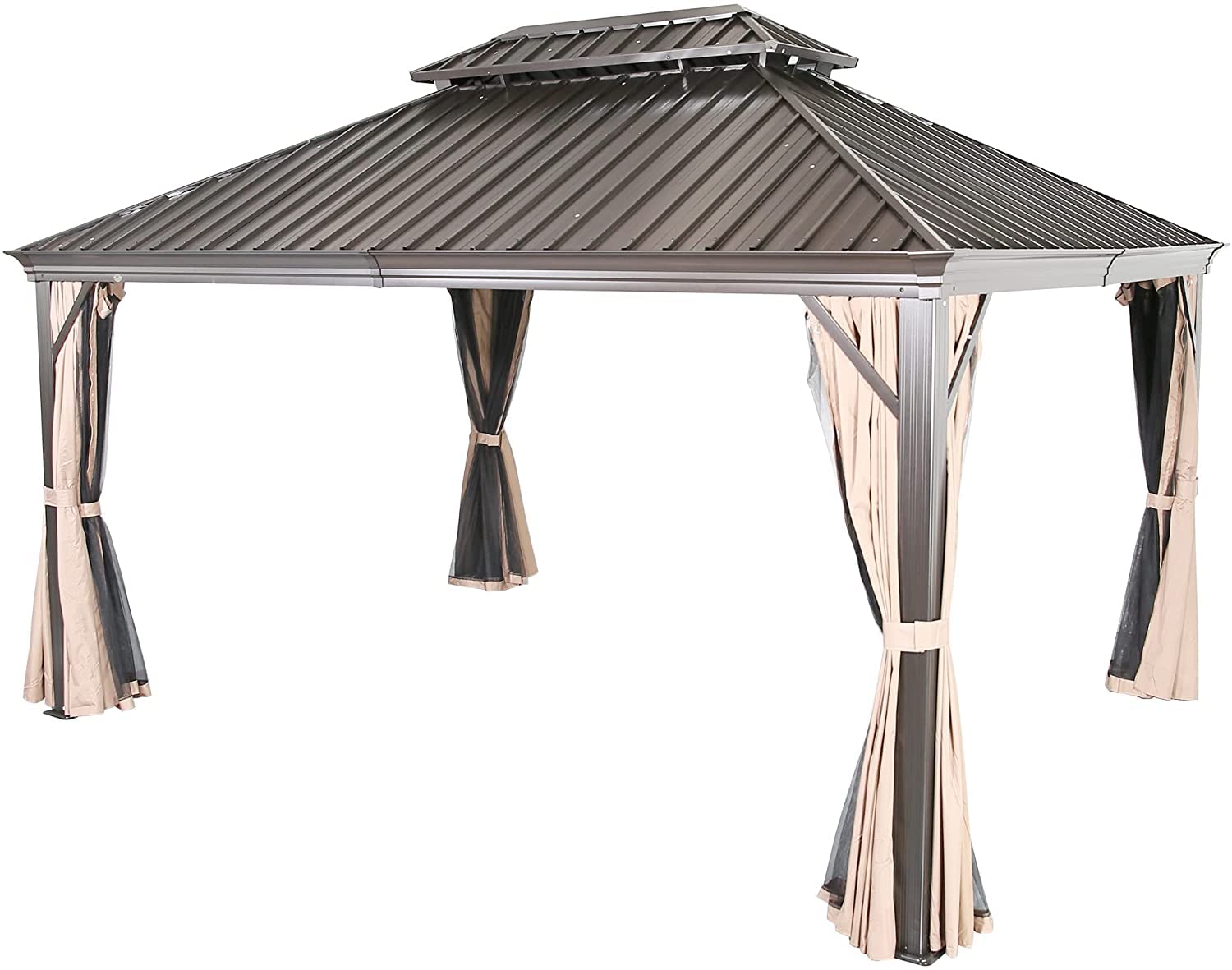 Patio Tree 10' x 12' Patio Gazebo Non-Rust Aluminum Outdoor Hardtop Permanent Pergola Shelter Tent with Galvanized Steel Canopy Roof, Mosquito Netting and Privacy Curtain