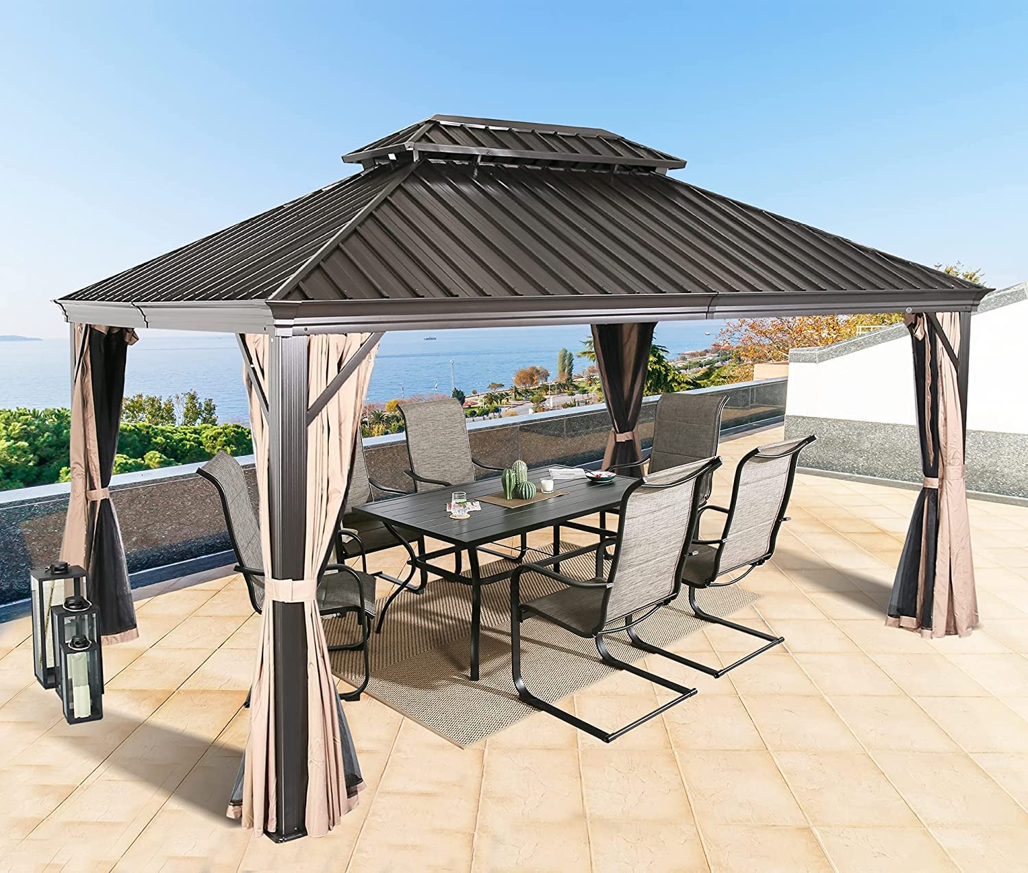 Patio Tree 10' x 12' Patio Gazebo Non-Rust Aluminum Outdoor Hardtop Permanent Pergola Shelter Tent with Galvanized Steel Canopy Roof, Mosquito Netting and Privacy Curtain