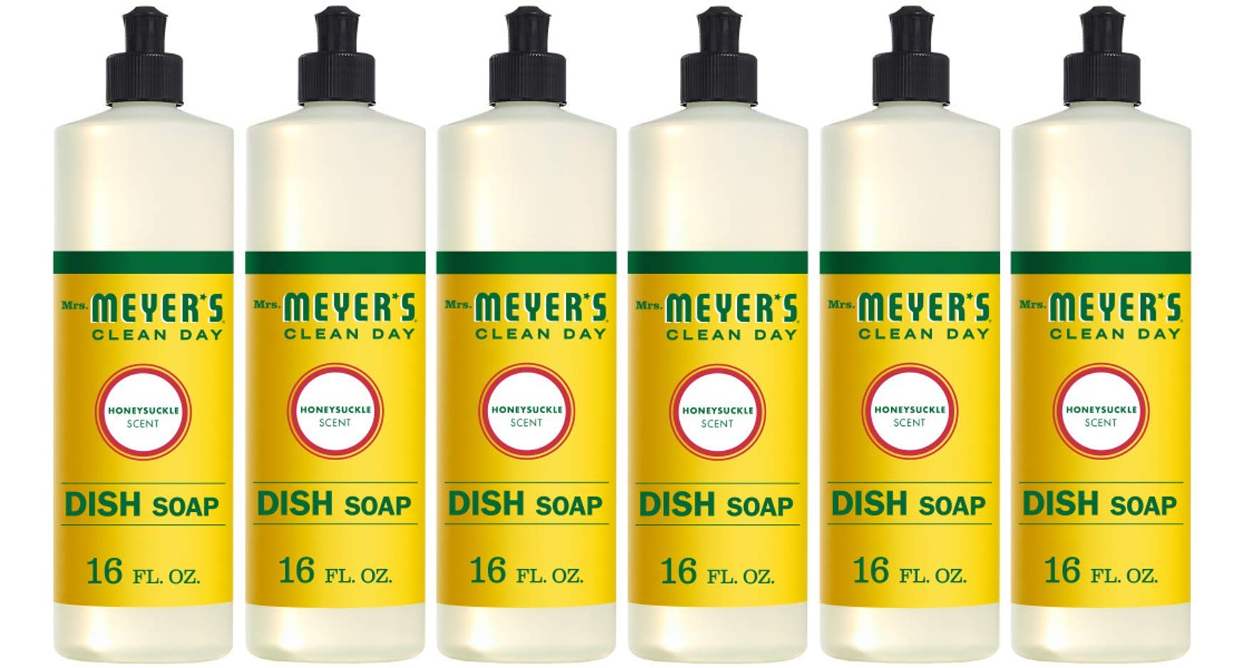 MRS. MEYER'S CLEAN DAY Liquid Dish Soap, Cruelty Free Formula, Honeysuckle Scent, 16 oz- Pack of 6
