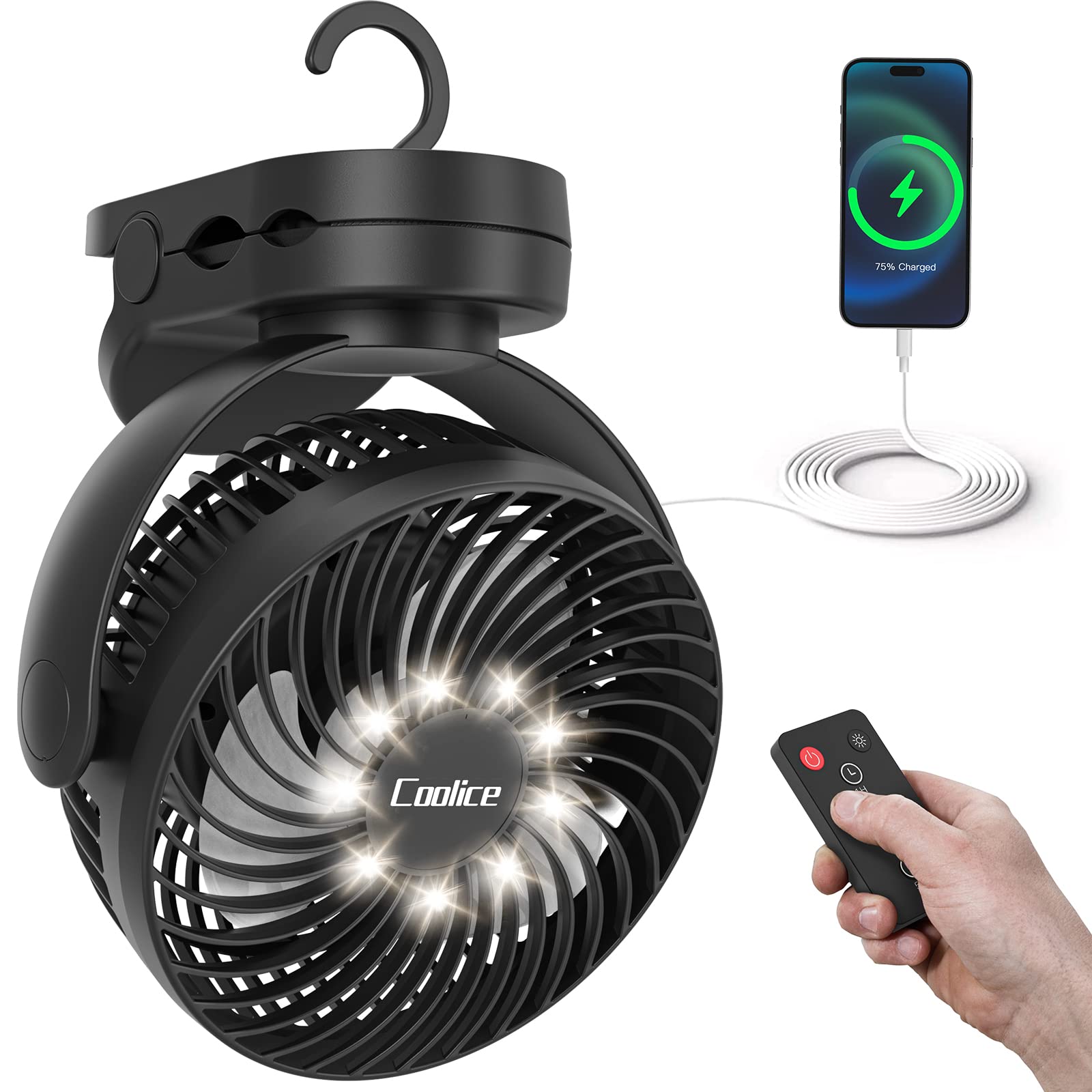 Camping Fan with Remote Control - 65Hrs 12000mAh Rechargeable Fan, 3 Speeds & Timing Battery Powered Fan with Light & Hook, Camp Fan for Tent, Battery Operated Fan for Camping, Black