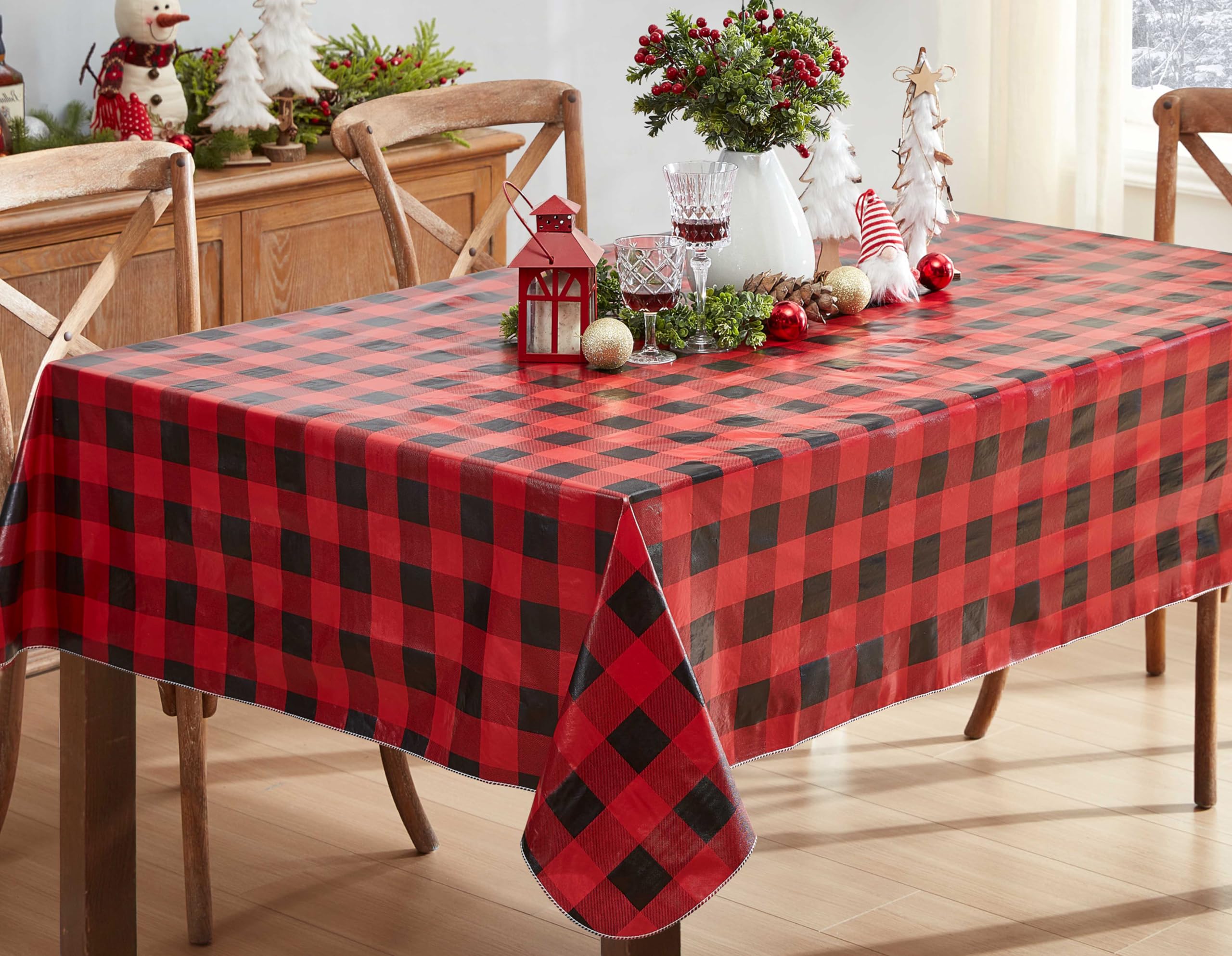 Newbridge Holiday Red and Black Buffalo Plaid Christmas Print Vinyl Flannel Backed Tablecloth, Country Rustic Red Black Cottage Check Xmas Wipe Clean Tablecloth, 60 Inch x 84 Inch Oblong/Rectangle
