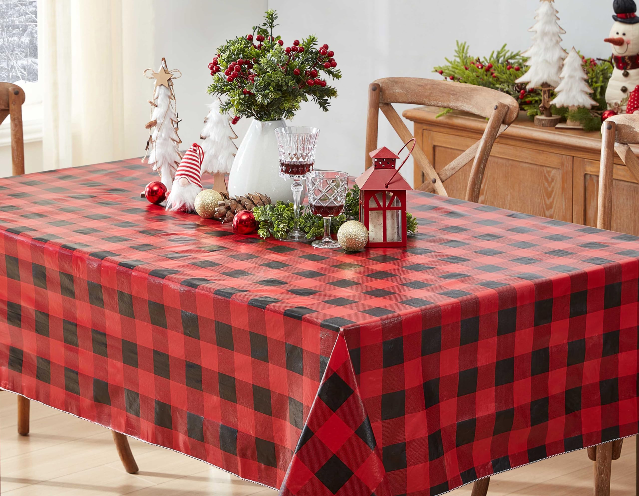 Newbridge Holiday Red and Black Buffalo Plaid Christmas Print Vinyl Flannel Backed Tablecloth, Country Rustic Red Black Cottage Check Xmas Wipe Clean Tablecloth, 60 Inch x 84 Inch Oblong/Rectangle
