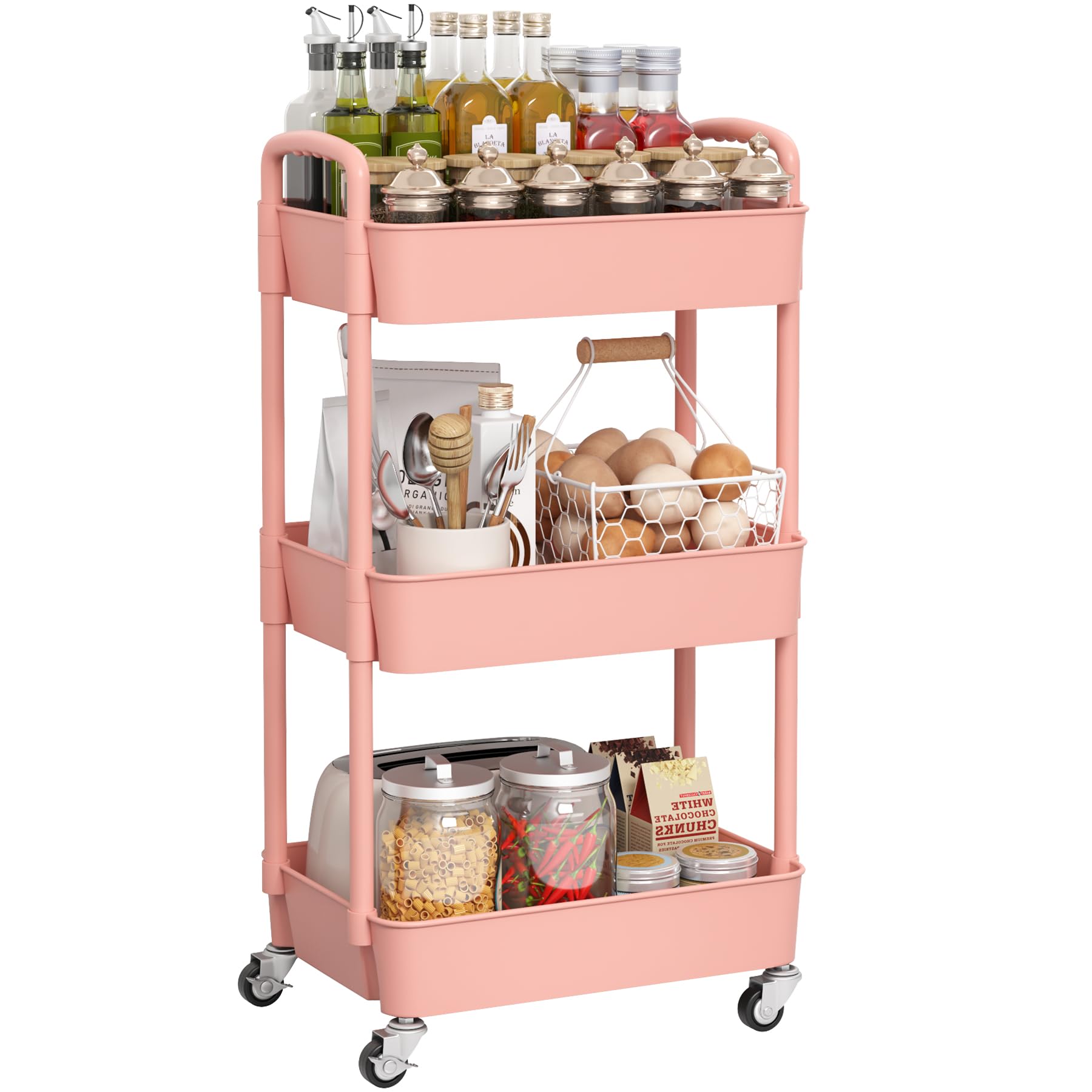 Sywhitta 3-Tier Plastic Rolling Utility Cart with Handle, Multi-Functional Storage Trolley for Office, Living Room, Kitchen, Movable Storage Organizer with Wheels, Pink