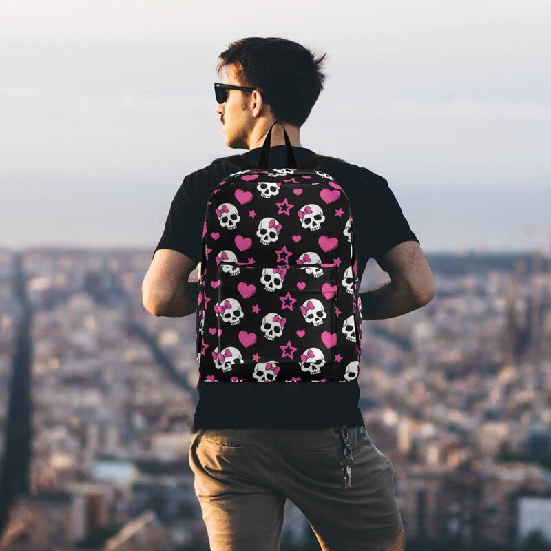 MNSRUU Student Backpack for School Pink Hearts and Skulls Laptop Backpack Aesthetic School Bookbags Casual Daypack Backpack Fits 15.6 Inch Laptop