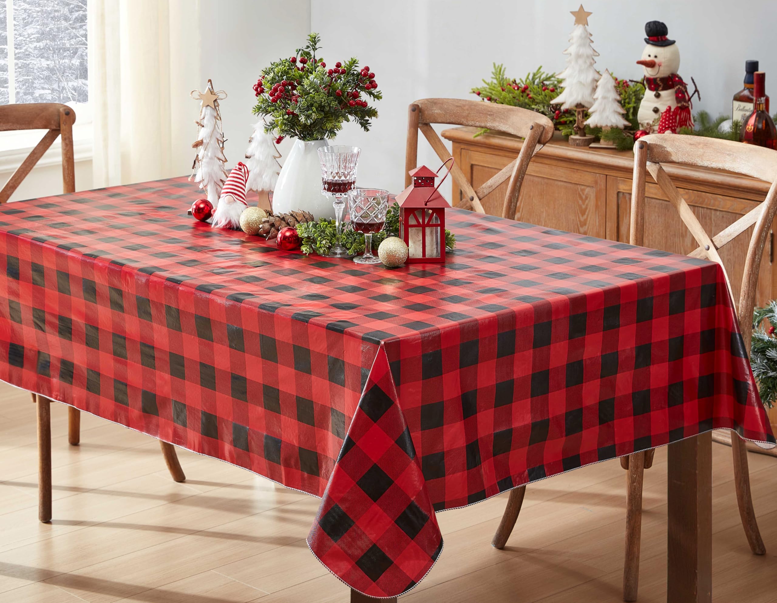 Newbridge Holiday Red and Black Buffalo Plaid Christmas Print Vinyl Flannel Backed Tablecloth, Country Rustic Red Black Cottage Check Xmas Wipe Clean Tablecloth, 60 Inch x 84 Inch Oblong/Rectangle