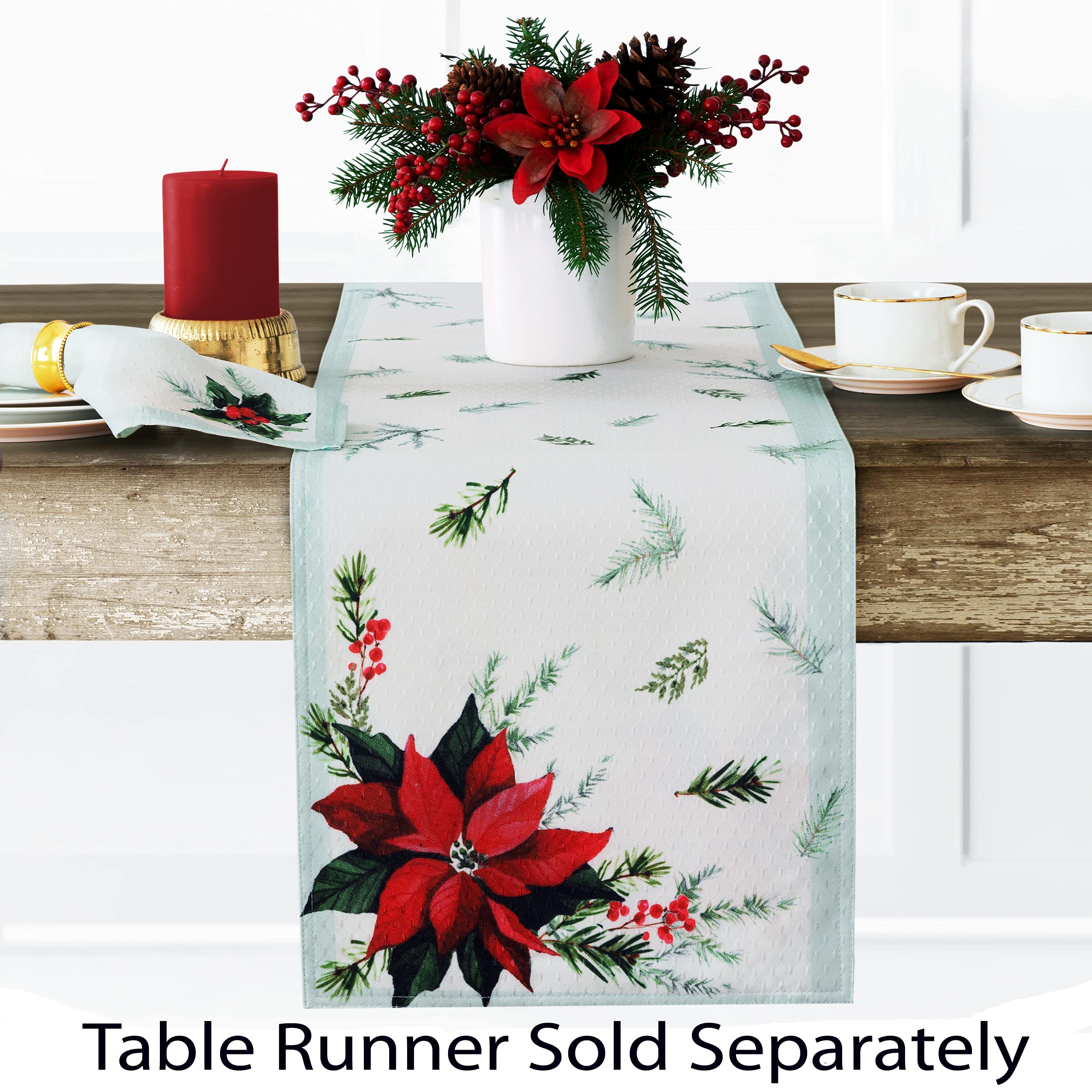 Lintex Holly Bough Stonewashed Border Traditional Christmas Tablecloth, Poinsettia and Holly Sprig Sage, Bordered Xmas Holiday Easy Care Fabric Tablecloth, 70 Inch Round