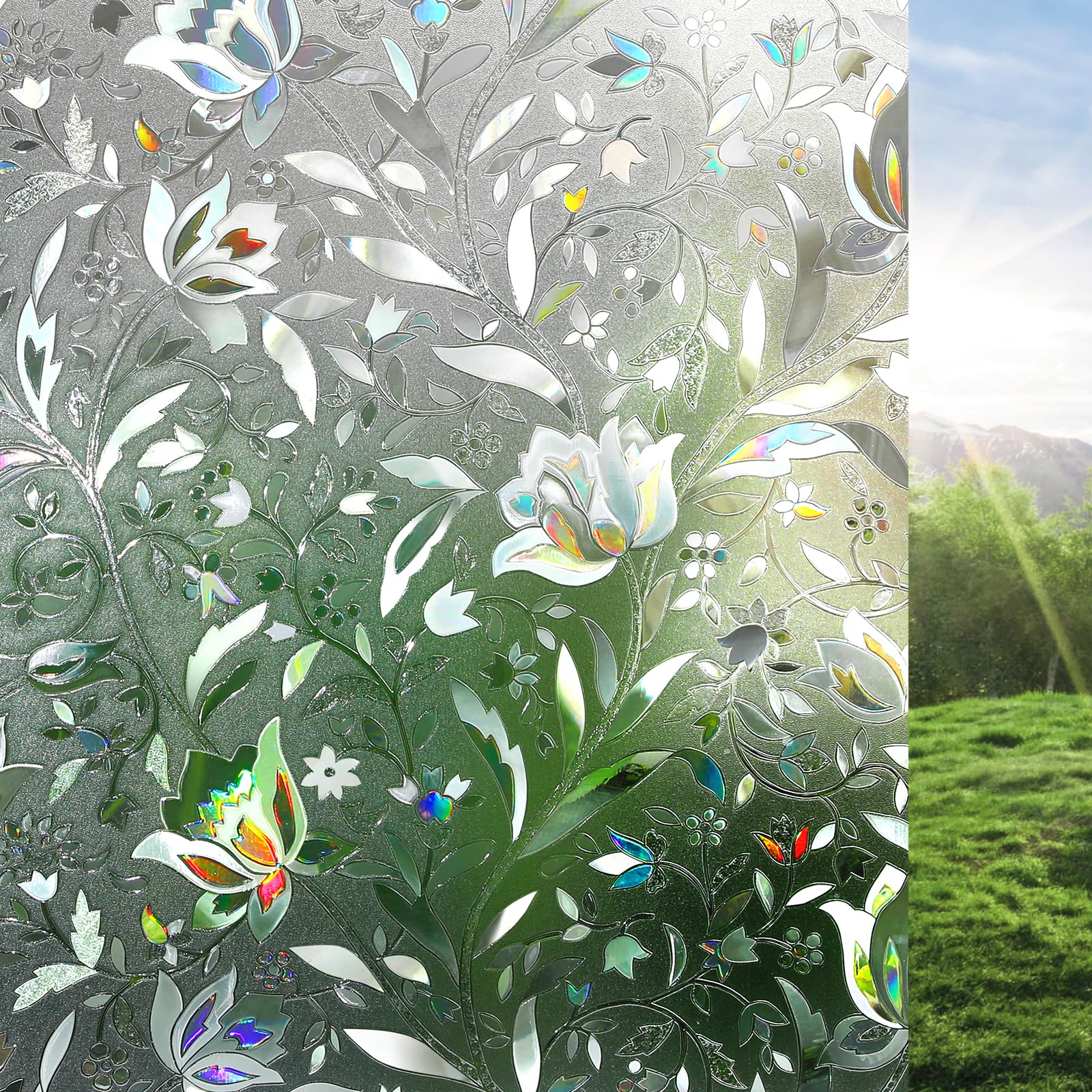 rabbitgoo Window Privacy Film, Decorative Stained Glass Window Film, Sun Blocking Glass Clings, Renter-Friendly Static Cling Frosted Sticker Covering for Home Door, Rainbow Tulip 17.5" x 78.7"