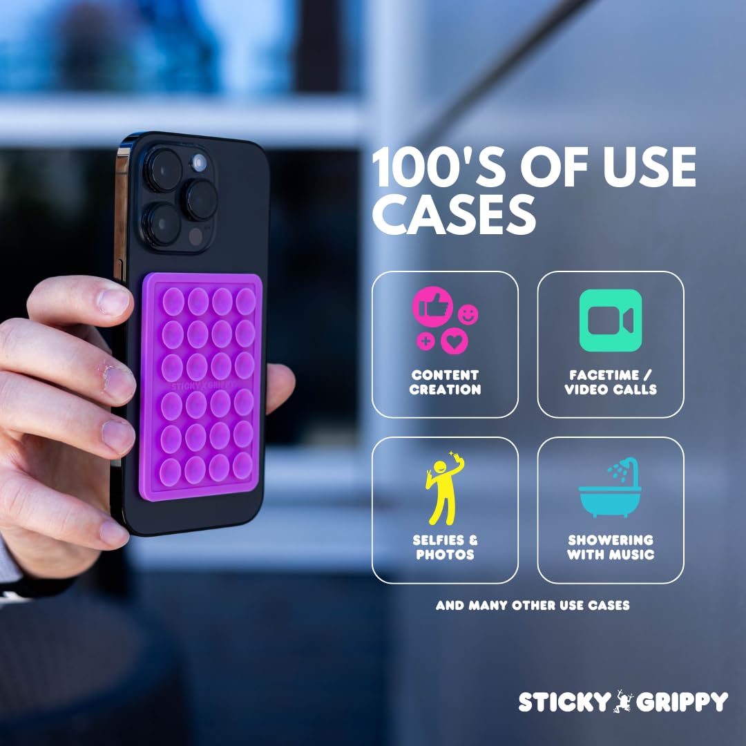 StickyGrippy Suction Phone Case Mount, Sillicon Adhesive Phone Accessory for iPhone and Android, Hands-Free Fidget Toy Mirror Shower Phone Holder, Tiktok Videos and Selfies (Black)
