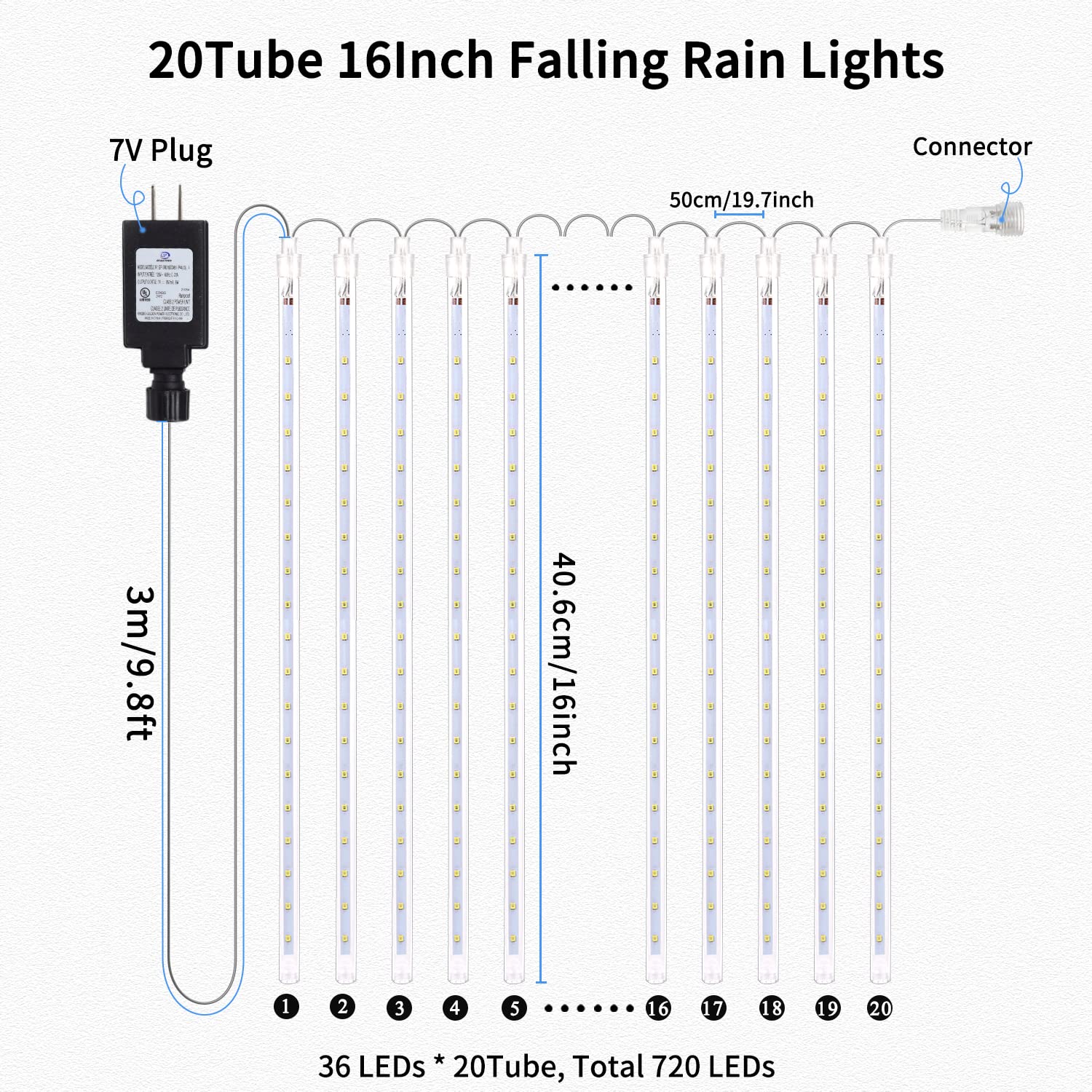 Blingstar Meteor Shower Lights 16Inch 20Tubes 720LED Christmas Outdoor Waterproof Falling Rain Extendable Cascading Icicle for Indoor Outside Xmas Halloween Tree Decor, Cool White