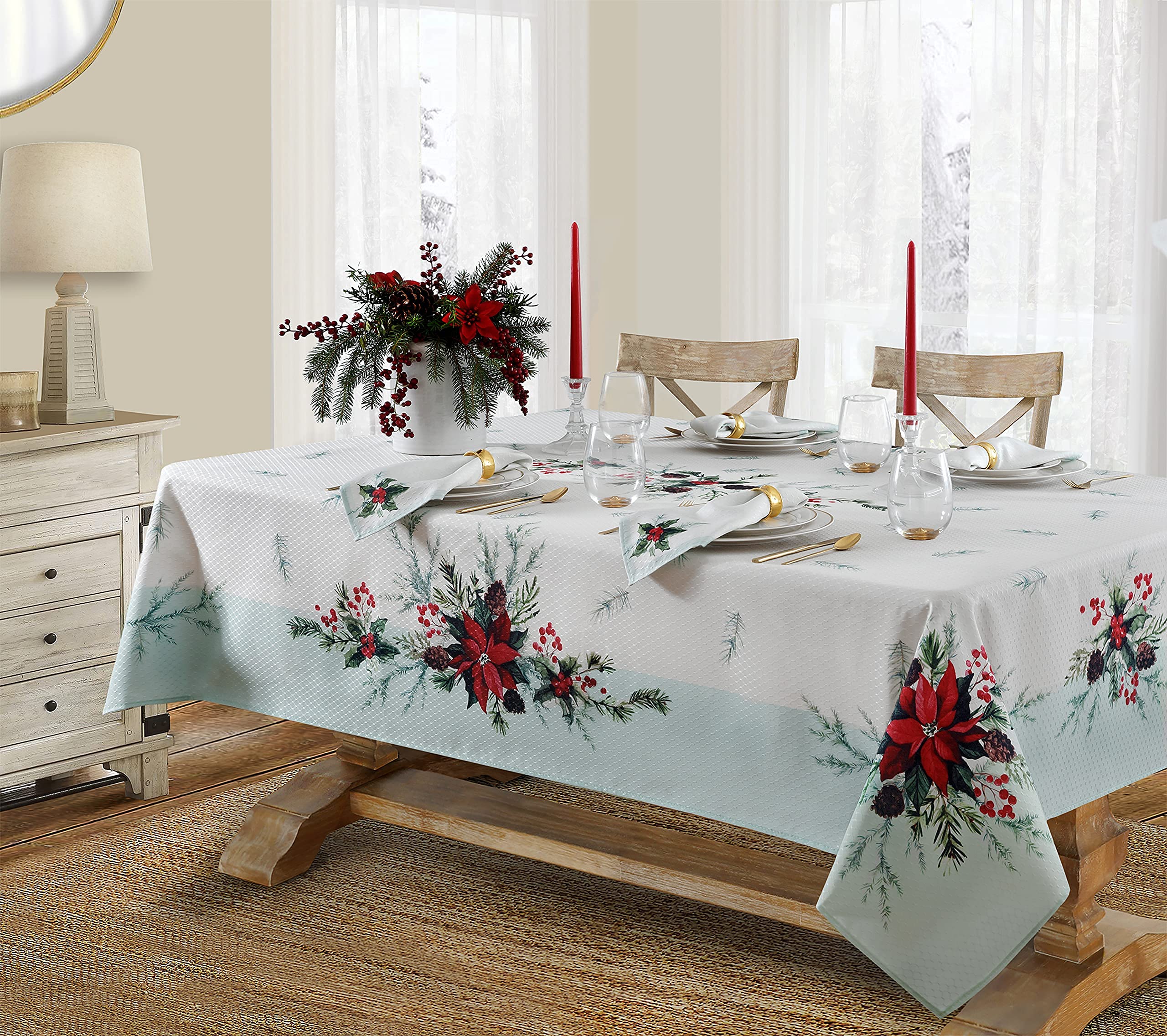 Lintex Holly Bough Stonewashed Border Traditional Christmas Tablecloth, Poinsettia and Holly Sprig Sage, Bordered Xmas Holiday Easy Care Fabric Tablecloth, 70 Inch Round
