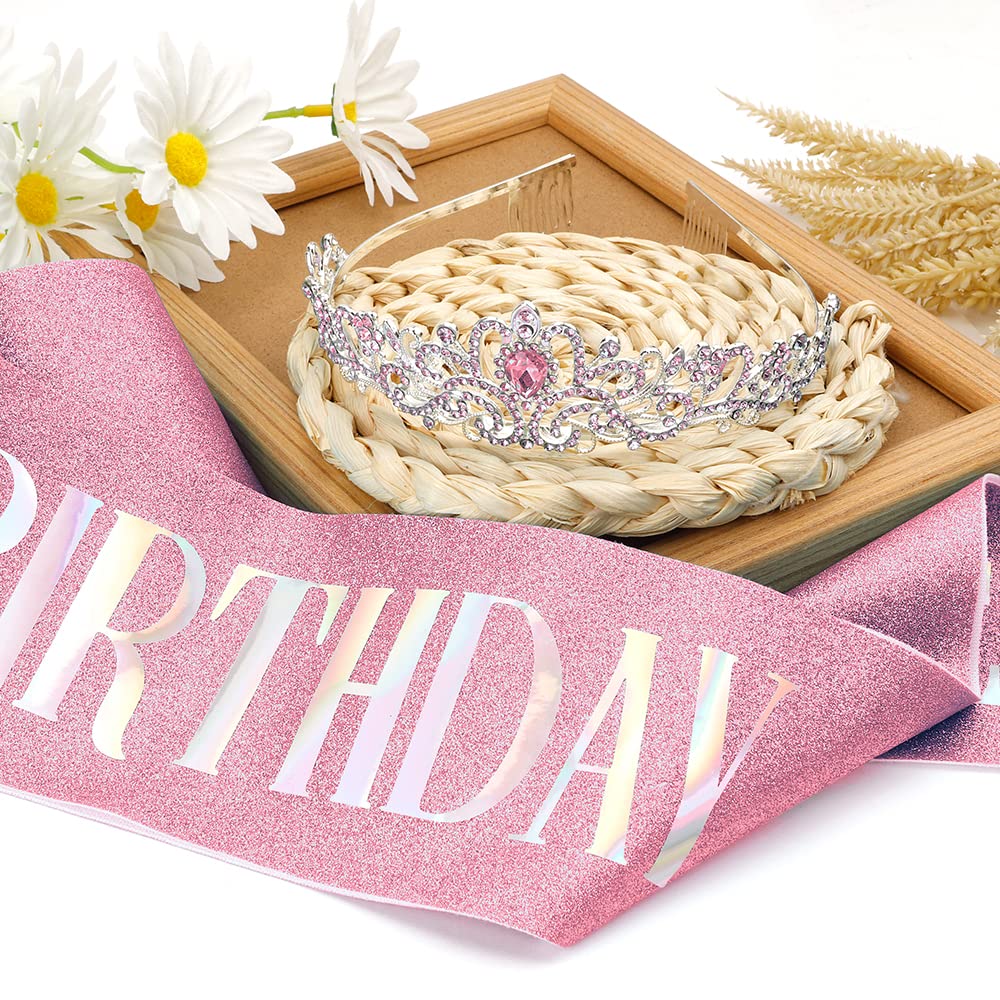 Pink Tiara Sash Gifts for Women's Birthday - Rhinestone Crystal Headband Princess Queen Crown Accessories