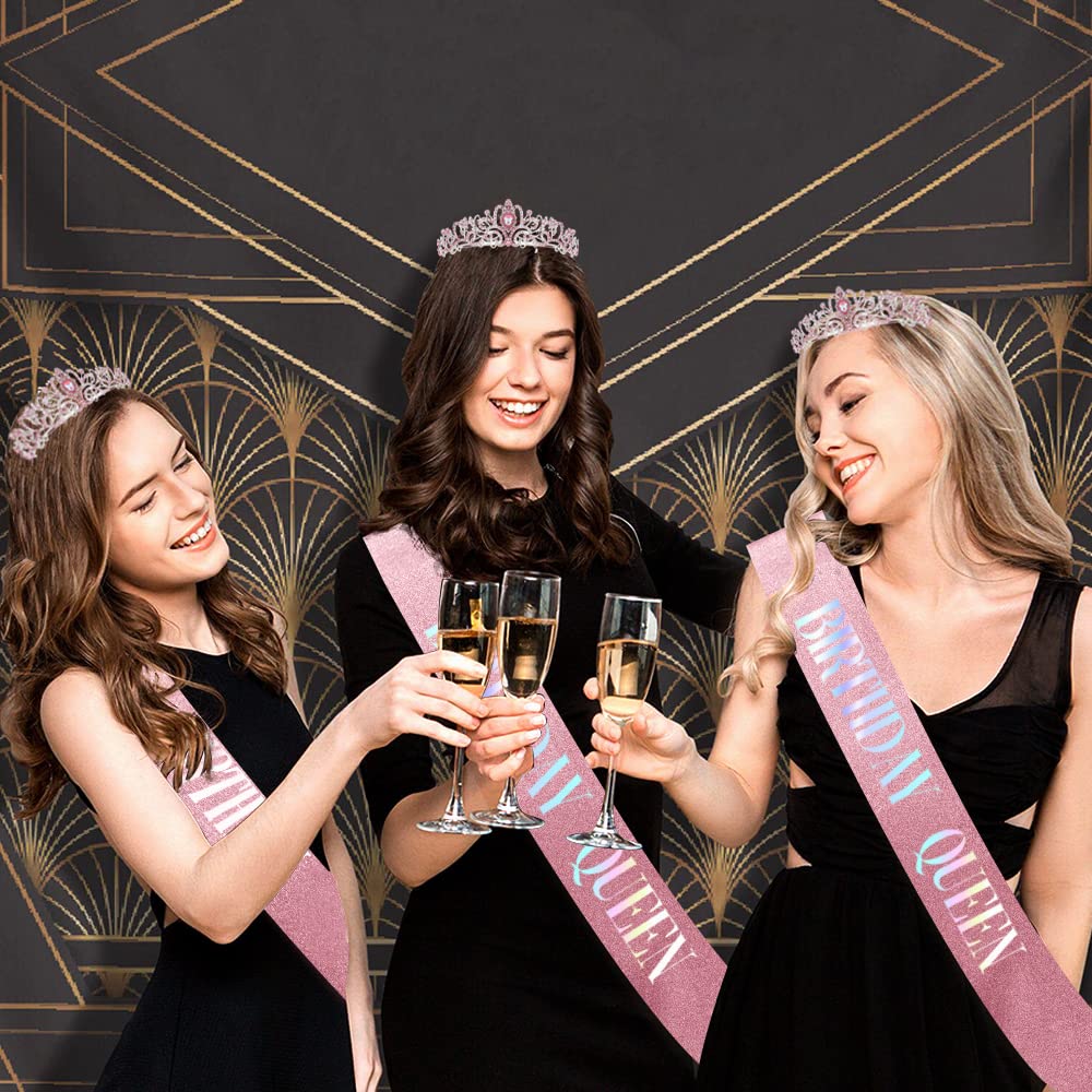 Pink Tiara Sash Gifts for Women's Birthday - Rhinestone Crystal Headband Princess Queen Crown Accessories