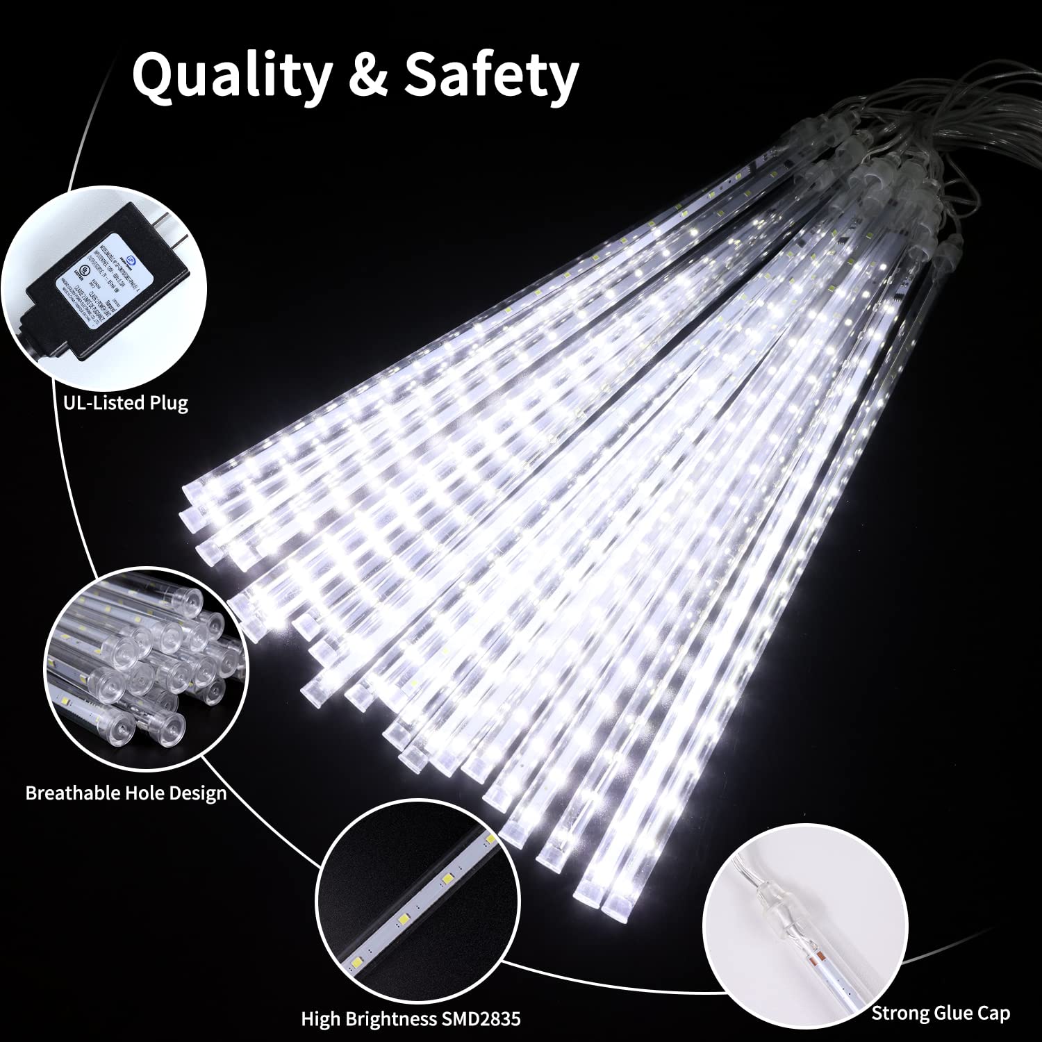 Blingstar Meteor Shower Lights 16Inch 20Tubes 720LED Christmas Outdoor Waterproof Falling Rain Extendable Cascading Icicle for Indoor Outside Xmas Halloween Tree Decor, Cool White