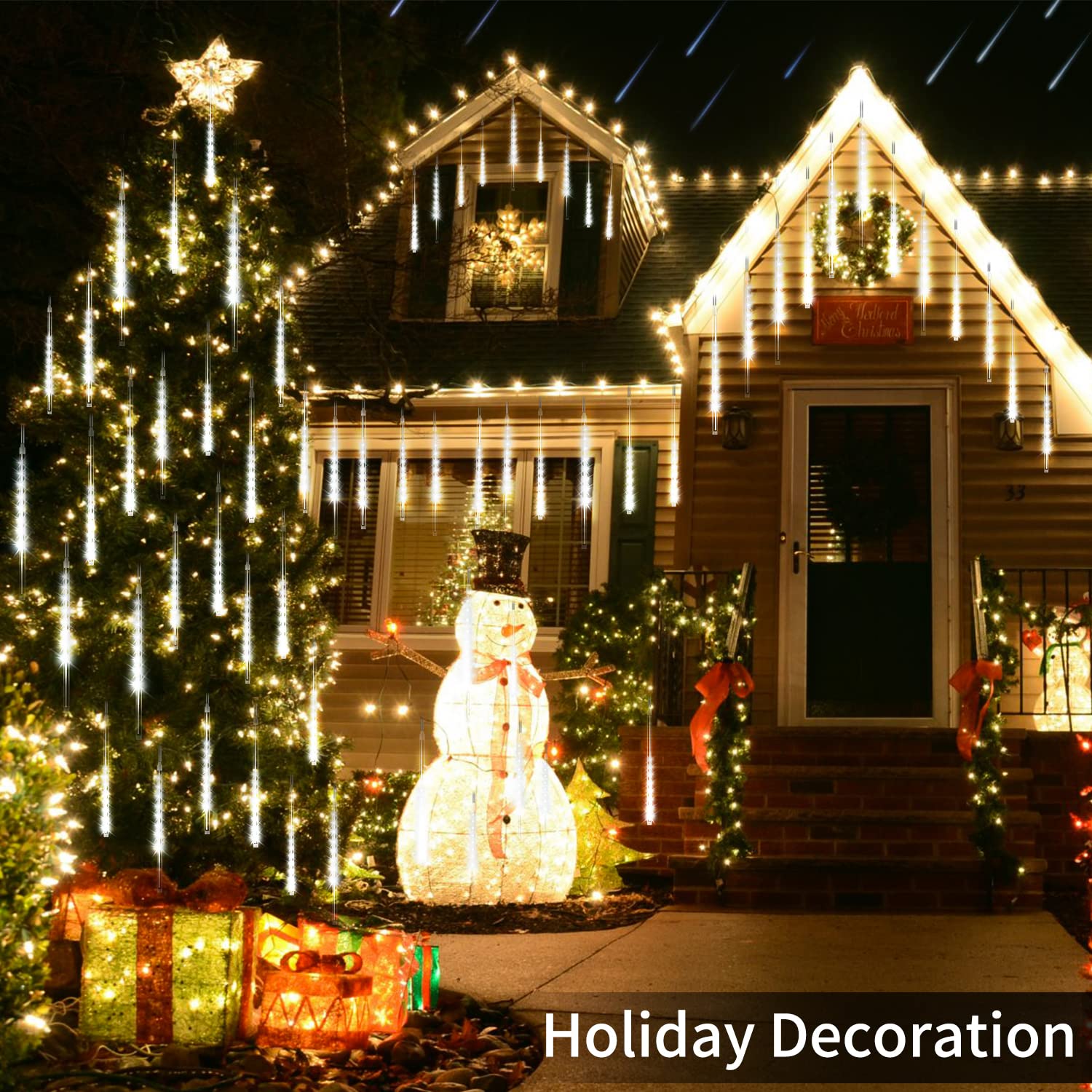 Blingstar Meteor Shower Lights 16Inch 20Tubes 720LED Christmas Outdoor Waterproof Falling Rain Extendable Cascading Icicle for Indoor Outside Xmas Halloween Tree Decor, Cool White
