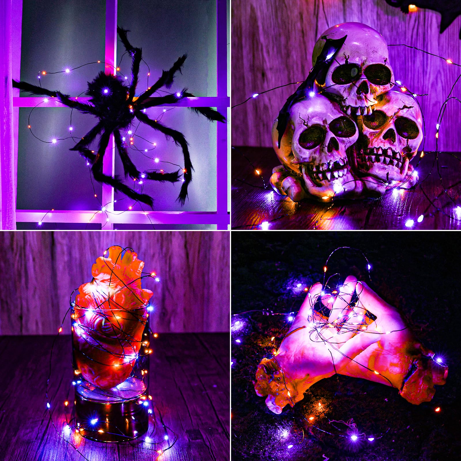 Solar Halloween Lights Outdoor - 4 Pack Total 135ft 400 LED Solar Fairy Lights Waterproof 8 Modes Twinkle Black Wire String Lights for Halloween Party DIY Decoration (Orange Purple)