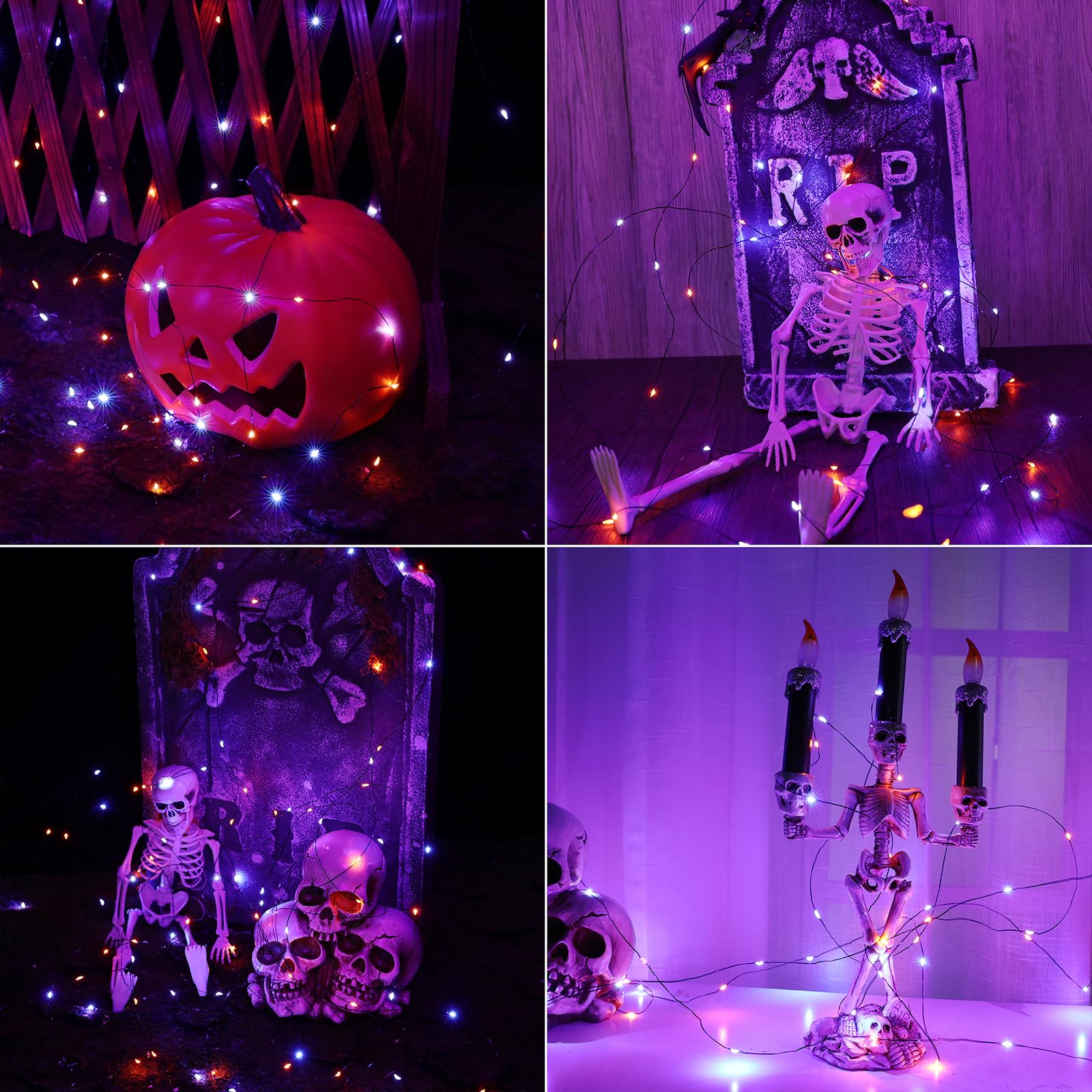 Solar Halloween Lights Outdoor - 4 Pack Total 135ft 400 LED Solar Fairy Lights Waterproof 8 Modes Twinkle Black Wire String Lights for Halloween Party DIY Decoration (Orange Purple)