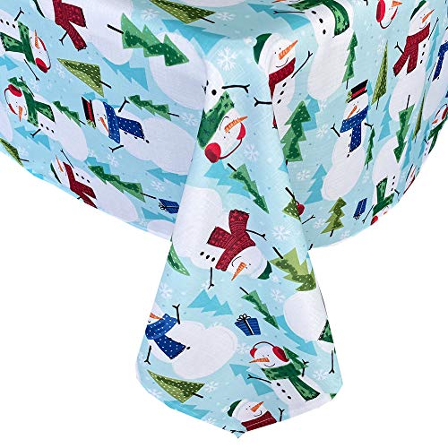 Newbridge Blue Snowman Fun Christmas Fabric Tablecloth, Cheerful Snowmen and Evergreen Tree Print Xmas Soil Resistant, No Iron Easy Care Tablecloth, 60 Inch x 102 Inch Oblong/Rectangle
