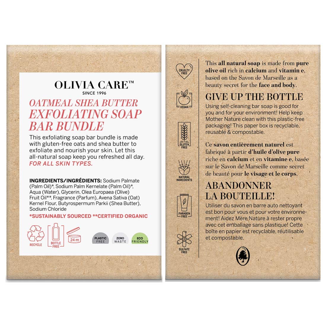 Olivia Care Exfoliating Bar Soap Pack by – 100% Natural & Organic - Infused with Shea Butter & Oats - Deep Clean, Refreshing, Moisturizing & Hydrating - Triple-Milled - X 5 OZ Oatmeal Shea Butter 3 Count (Pack of 3)