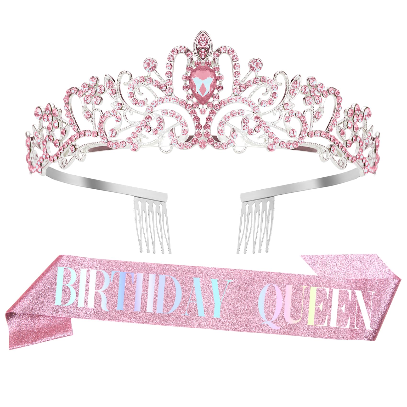Pink Tiara Sash Gifts for Women's Birthday - Rhinestone Crystal Headband Princess Queen Crown Accessories