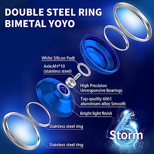 WATIEOBOO Bi-Metal Yoyo with 4 Stainless Steel Rings, Professional Unresponsive Yoyo for Adults Advanced Players, Incredible Drive Performance and Idling Capability (6Black Blue)