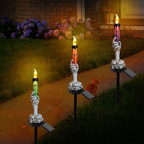 YBB 3 Pack Solar Skeleton Ghost Hands Candle Stake Lights, LED Skull Garden Lawn Yard Pathway Landscape Lights for Halloween Outdoor Decoration