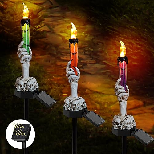YBB 3 Pack Solar Skeleton Ghost Hands Candle Stake Lights, LED Skull Garden Lawn Yard Pathway Landscape Lights for Halloween Outdoor Decoration