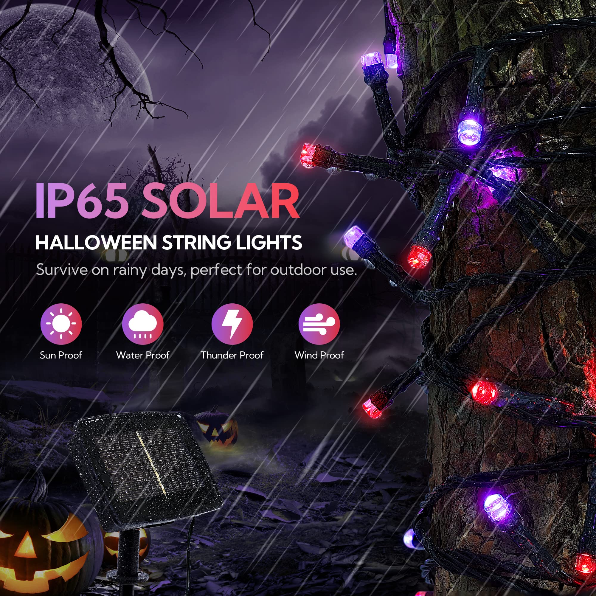 Hopolon Solar Halloween String Lights Outdoor Waterproof,72ft 200LED Purple Red Solar String Lights with USB for Christmas, Halloween, Garden, Christmas Tree, Outdoors Patio Garden Party(Purple Red)