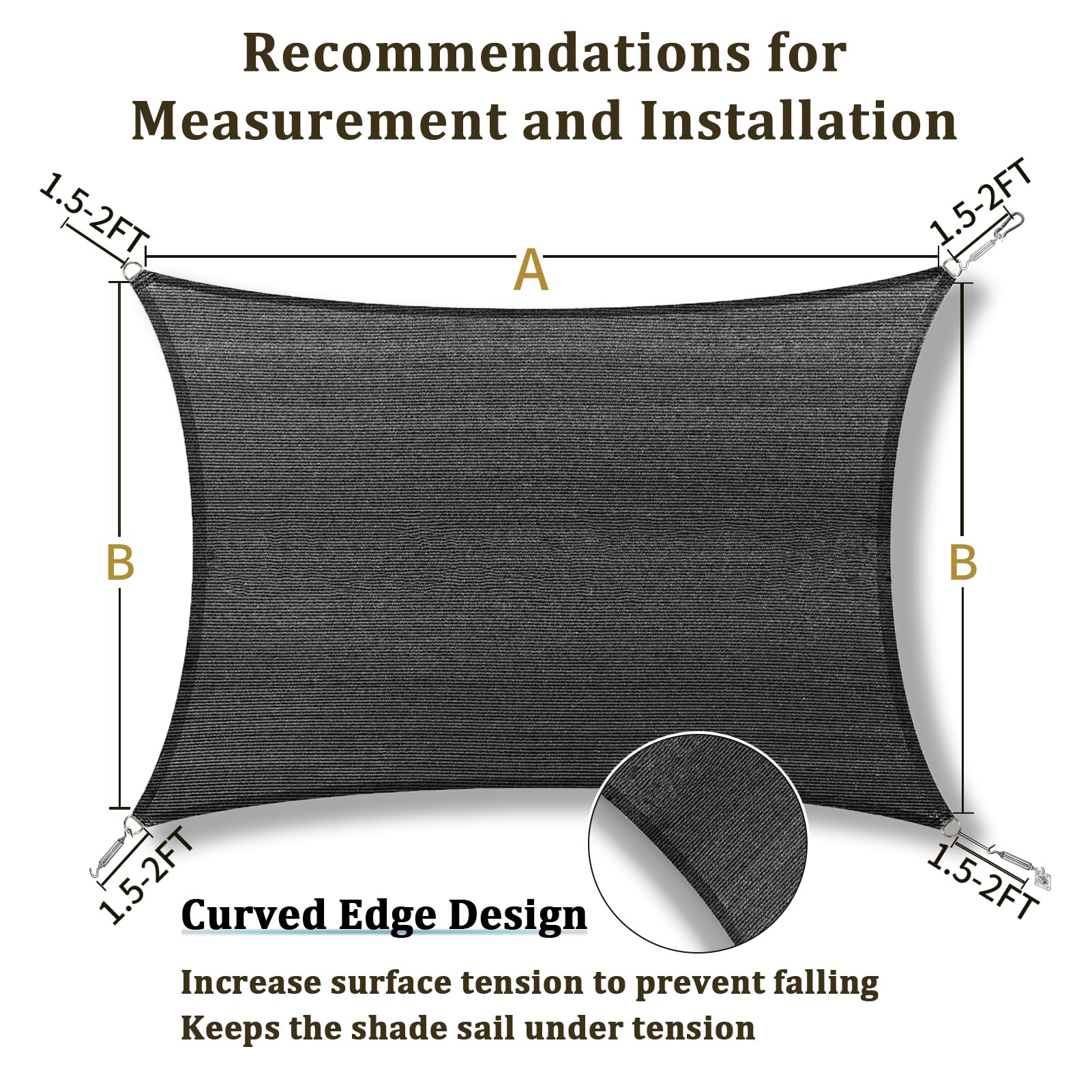 Shade&Beyond 12'x12' Sun Shade Sails Curved Canopy Rectangular Dark Grey 185GSM Shade Sail Permeable for Patio Deck Yard Backyard, (We Make Custom Size)