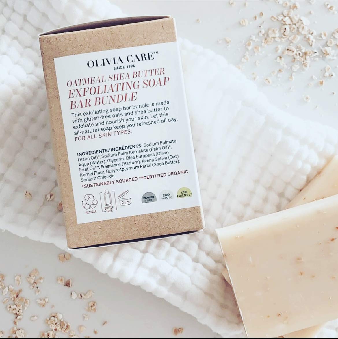 Olivia Care Exfoliating Bar Soap Pack by – 100% Natural & Organic - Infused with Shea Butter & Oats - Deep Clean, Refreshing, Moisturizing & Hydrating - Triple-Milled - X 5 OZ Oatmeal Shea Butter 3 Count (Pack of 3)