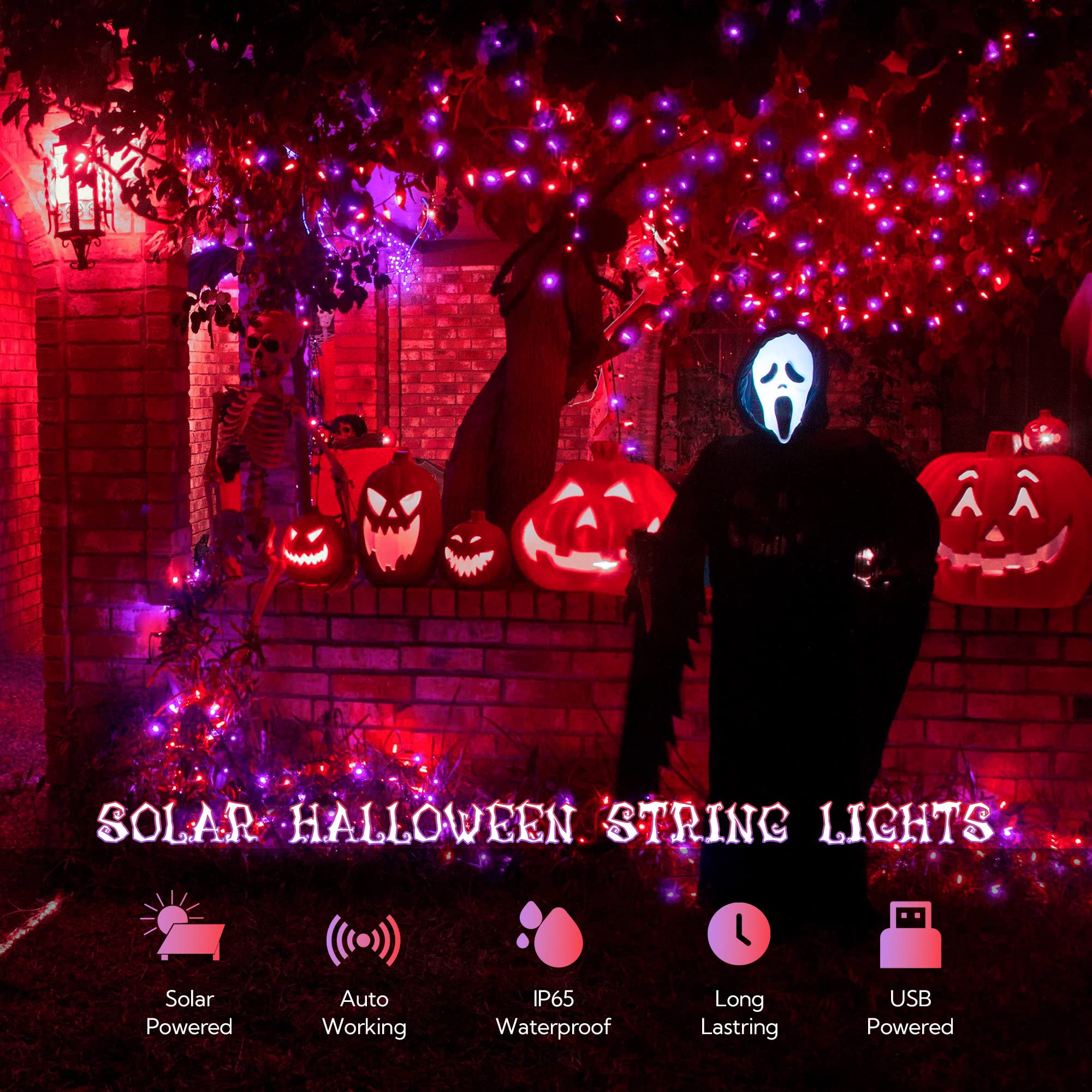 Hopolon Solar Halloween String Lights Outdoor Waterproof,72ft 200LED Purple Red Solar String Lights with USB for Christmas, Halloween, Garden, Christmas Tree, Outdoors Patio Garden Party(Purple Red)