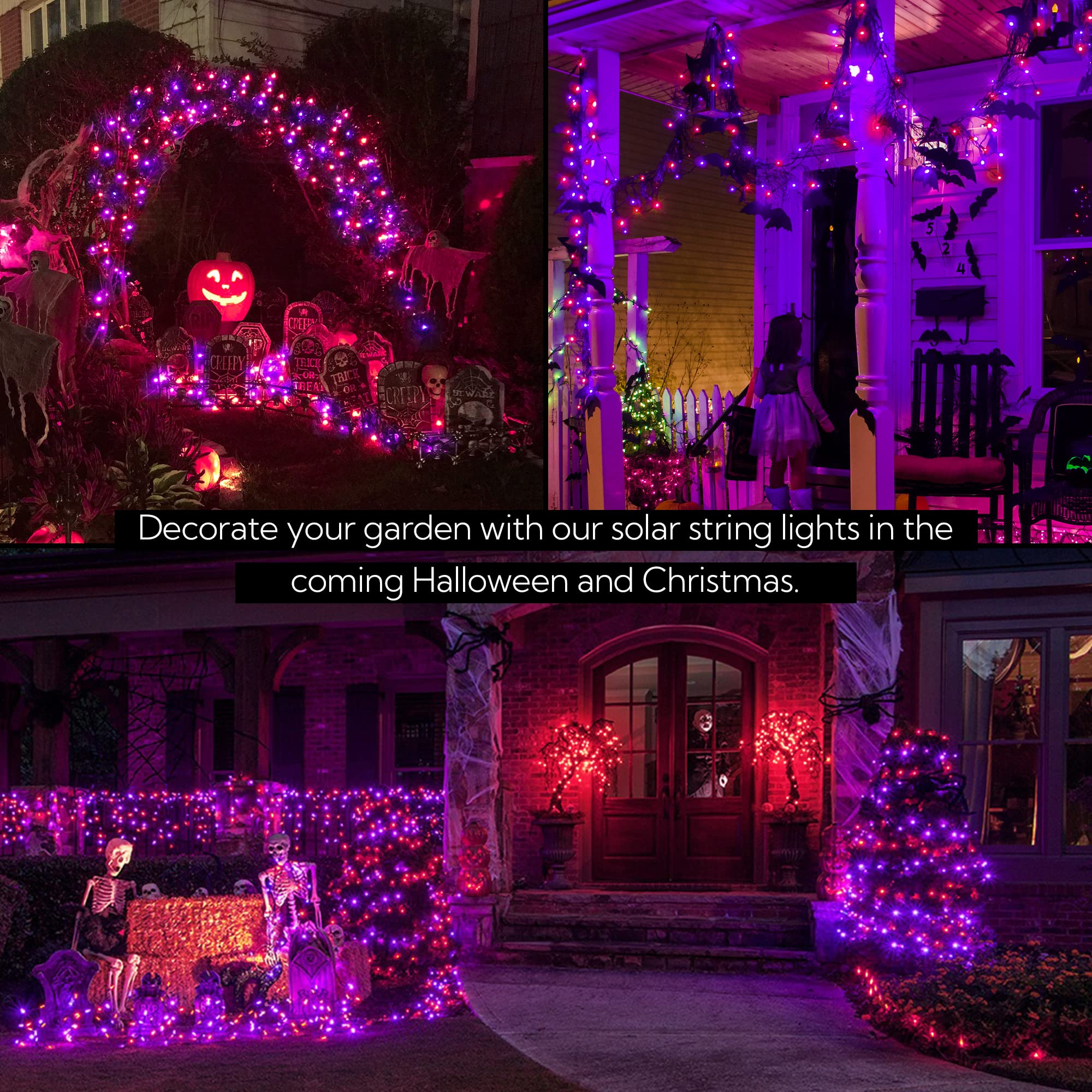 Hopolon Solar Halloween String Lights Outdoor Waterproof,72ft 200LED Purple Red Solar String Lights with USB for Christmas, Halloween, Garden, Christmas Tree, Outdoors Patio Garden Party(Purple Red)