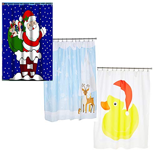 Carnation Christmas Shower Curtain 3 Pack - 1 Each Christmas Santa Up On The Rooftop, Forest Reindeer Friends, Christmas Tubber Ducky - Set 3 Fabric Xmas Shower Curtains