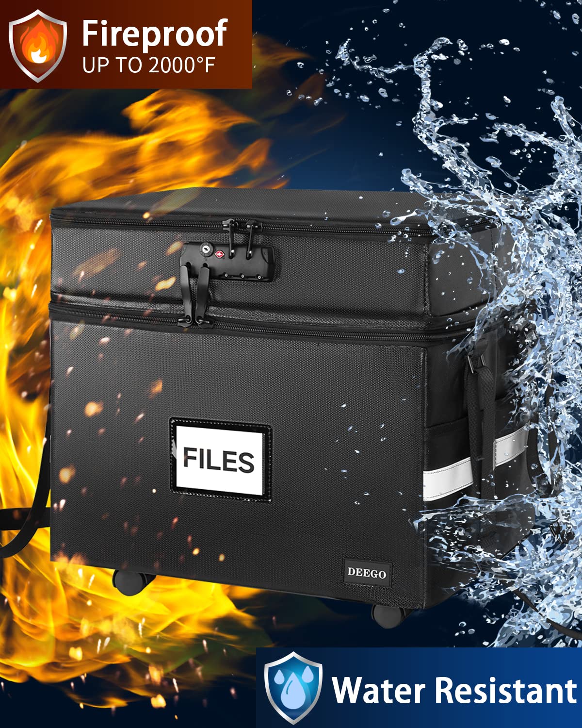 DEEGO Rolling File Box, Fireproof Document Box with Wheels Multi-Layer Water-Resistant File Organizer Portable file Cabinet Document Safe filing box for Home Office for Hanging Letter/Legal Folder