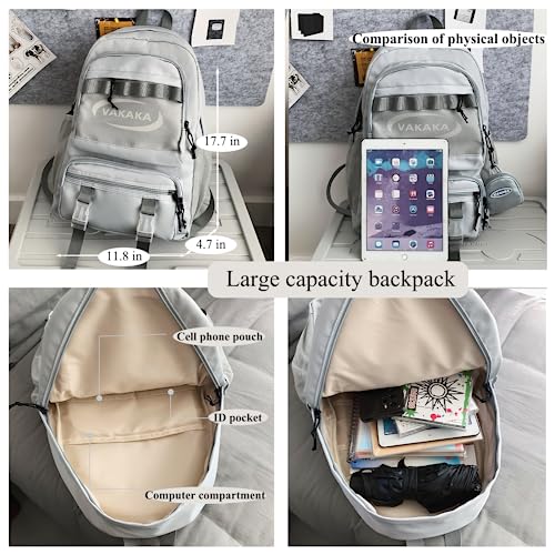 YJMKOI Aesthetic Backpack for Girls and Boys, Simple Backpack for School Large Capacity Bookbag Kids Backpack with Coin Purse (Grey)