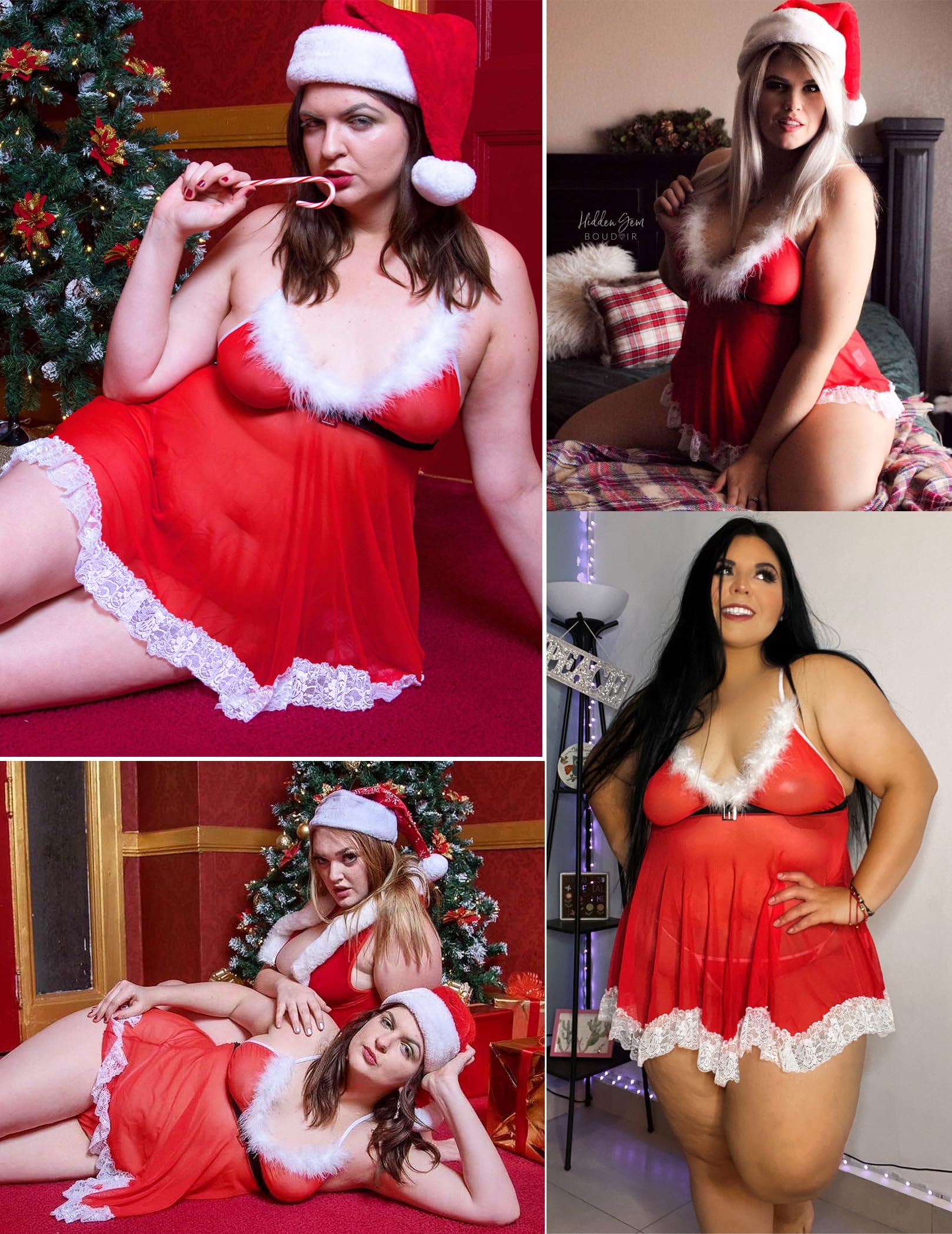 Avidlove Plus Size Santa Christmas Lingerie for Women Floral Lace Chemises Sleepwear