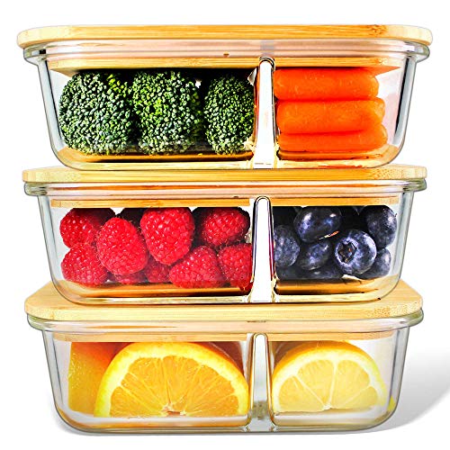 Urban Green Glass Container with Wood Lid, Glass food storage Container with Lids, Glass Meal Prep Containers Set, Glass Containers set (Natural-Bamboo- 3p)