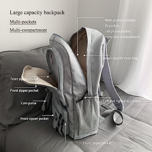 YJMKOI Aesthetic Backpack for Girls and Boys, Simple Backpack for School Large Capacity Bookbag Kids Backpack with Coin Purse (Grey)