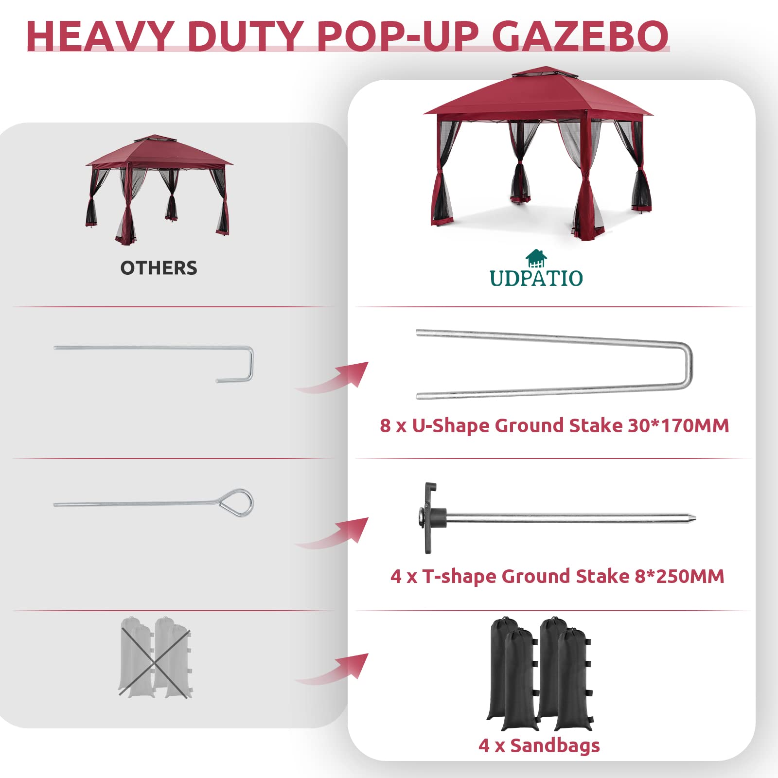 UDPATIO 11'x11' Pop up Gazebo Canopy Tent, Outdoor Patio Waterproof Gazebo with Mosquito Netting for Lawn, Garden, Backyard and Deck, Red