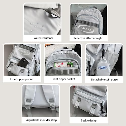 YJMKOI Aesthetic Backpack for Girls and Boys, Simple Backpack for School Large Capacity Bookbag Kids Backpack with Coin Purse (Grey)