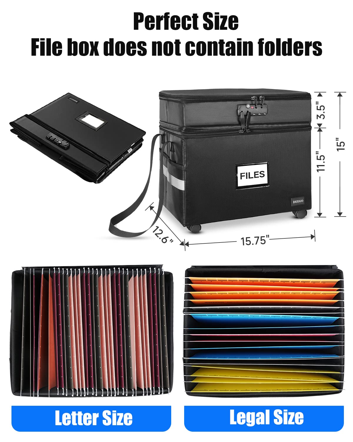 DEEGO Rolling File Box, Fireproof Document Box with Wheels Multi-Layer Water-Resistant File Organizer Portable file Cabinet Document Safe filing box for Home Office for Hanging Letter/Legal Folder