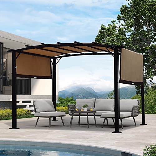 12’ X 9’ Outdoor Retractable Pergola Canopy, Steel Frame Grape Patio Gazebo, Backyard Shade Shelter, for Garden Porch Yard BBQ Beach, Beige+Brown