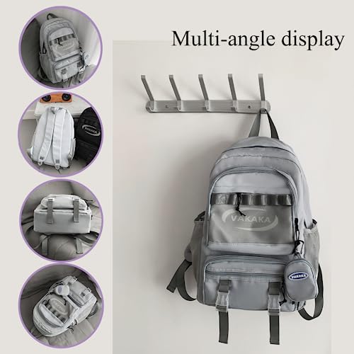 YJMKOI Aesthetic Backpack for Girls and Boys, Simple Backpack for School Large Capacity Bookbag Kids Backpack with Coin Purse (Grey)