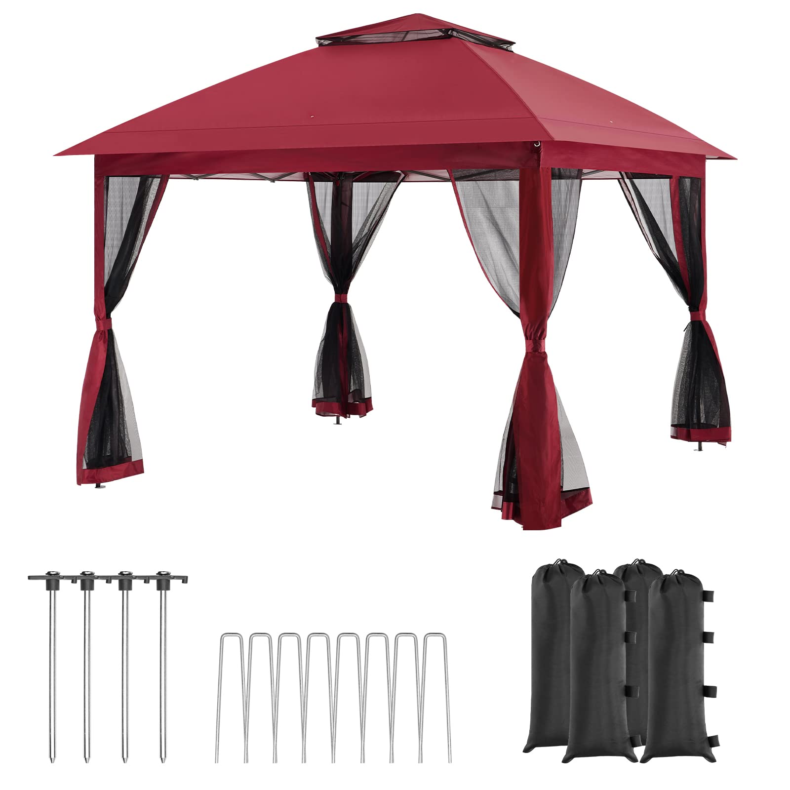 UDPATIO 11'x11' Pop up Gazebo Canopy Tent, Outdoor Patio Waterproof Gazebo with Mosquito Netting for Lawn, Garden, Backyard and Deck, Red
