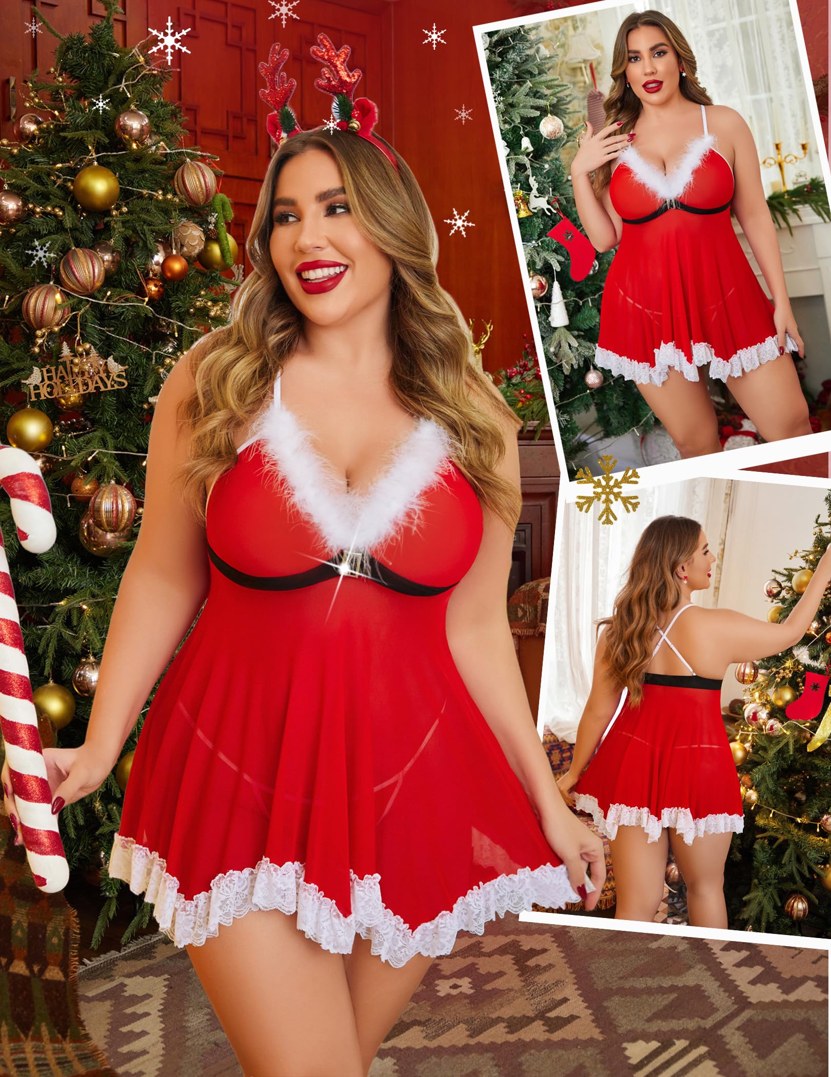 Avidlove Plus Size Santa Christmas Lingerie for Women Floral Lace Chemises Sleepwear