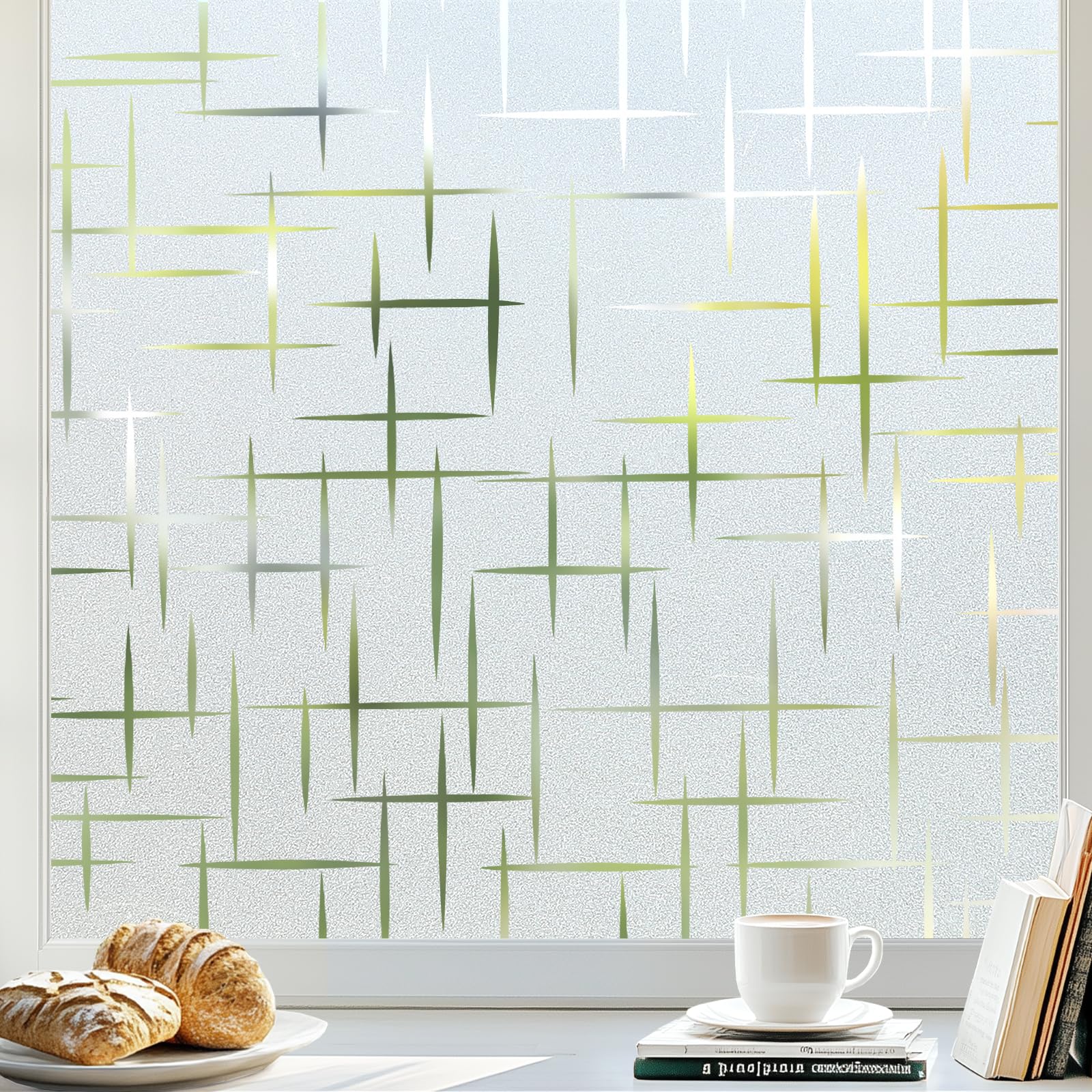 rabbitgoo Window Privacy Film Frosted Glass Window Film, Decorative Privacy Cling, UV Blocking Staic Cling Bathroom Glass Frosting Sticker, Non-Adhesive Front Door Cover, Cross Pattern, 11.8" x 78.7"