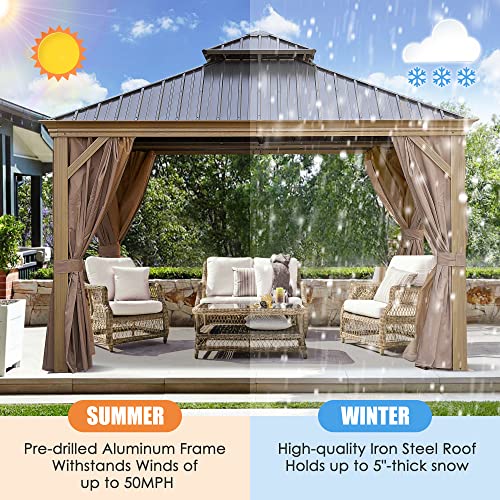 Goohome 12 x 12FT Hardtop Gazebo, Aluminum Frame Double Roof Canopy with Mosquito Net and Curtains, Outdoor Permanent Hard Top Waterproof Pergola for Shade and Rain for Lawn, Deck,Patio
