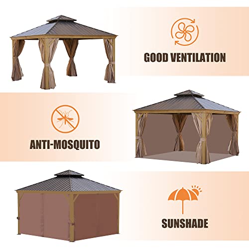 Goohome 12 x 12FT Hardtop Gazebo, Aluminum Frame Double Roof Canopy with Mosquito Net and Curtains, Outdoor Permanent Hard Top Waterproof Pergola for Shade and Rain for Lawn, Deck,Patio