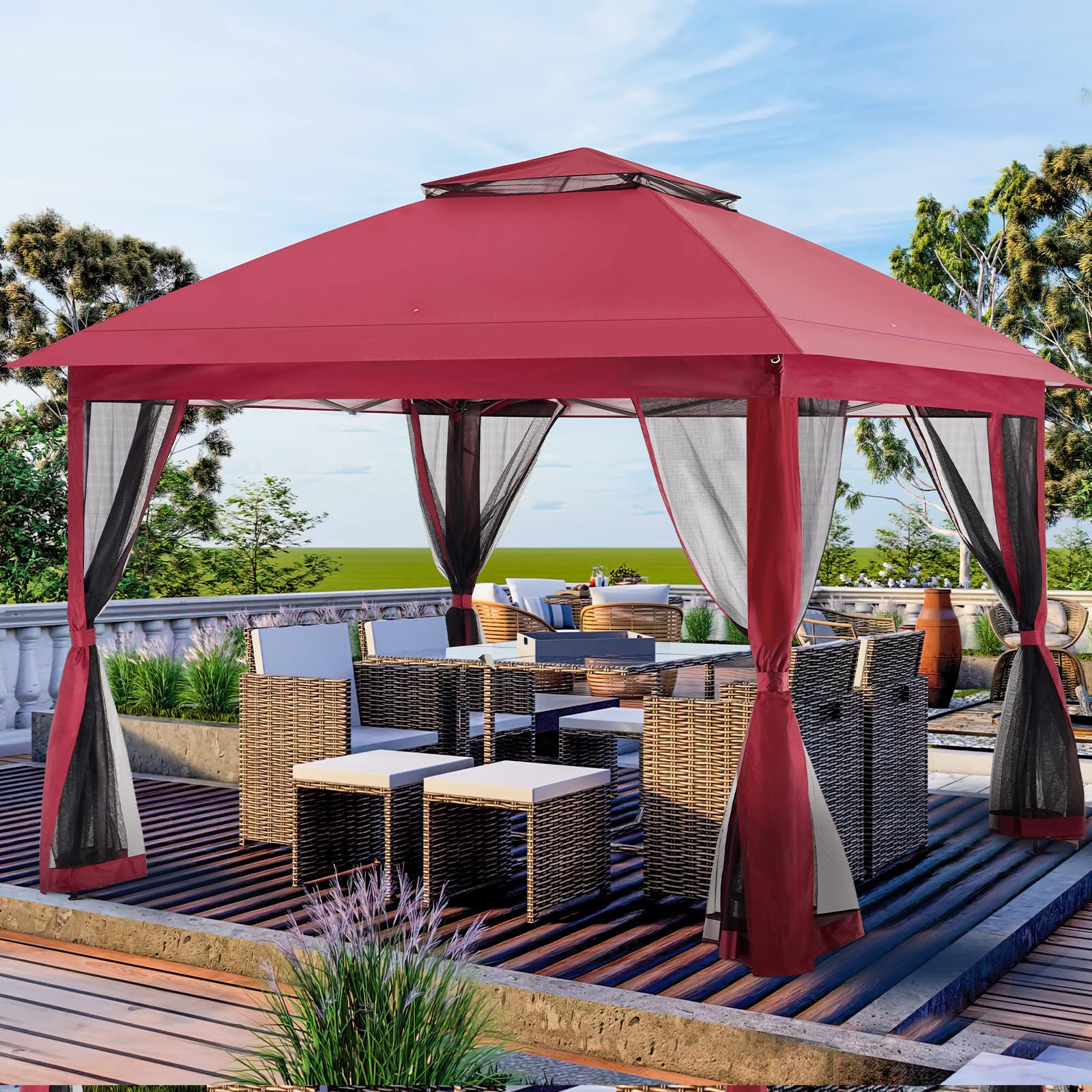 UDPATIO 11'x11' Pop up Gazebo Canopy Tent, Outdoor Patio Waterproof Gazebo with Mosquito Netting for Lawn, Garden, Backyard and Deck, Red