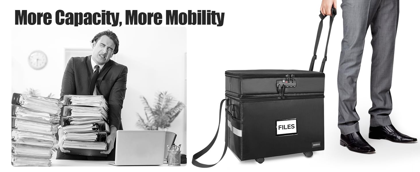DEEGO Rolling File Box, Fireproof Document Box with Wheels Multi-Layer Water-Resistant File Organizer Portable file Cabinet Document Safe filing box for Home Office for Hanging Letter/Legal Folder